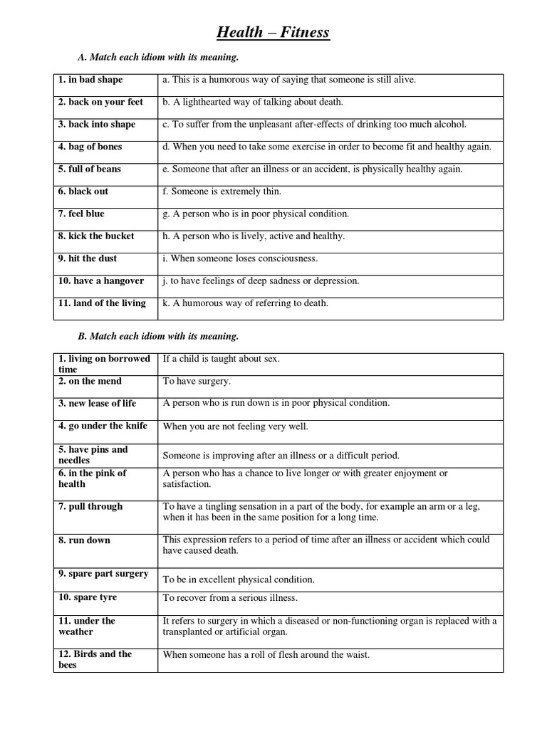 Health - Fitness: A. Match Each Idiom With Its Meaning | PDF