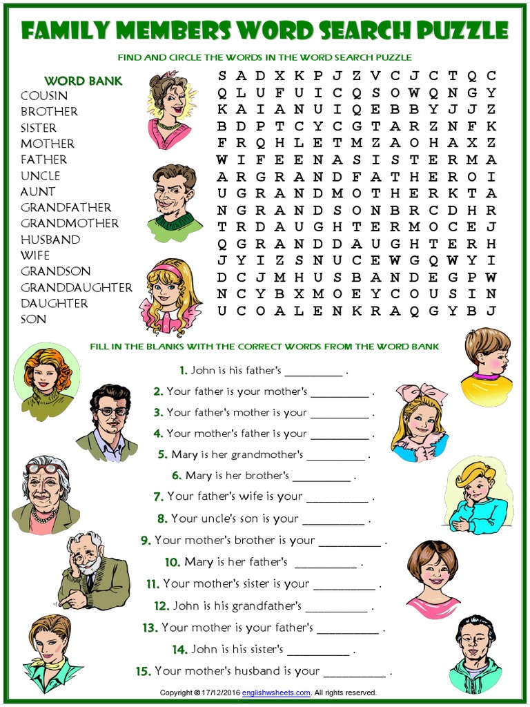 Family Members Vocabulary Esl Word Search Puzzle Worksheet For Kids ...