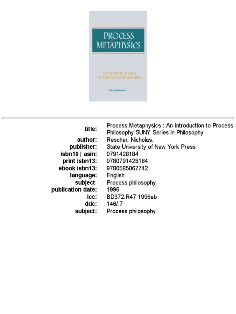 RESCHER Process Metaphyics - An Introduction To Process Philosophy ...