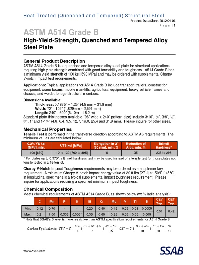 ASTM A514 GR B Data Sheet 2012 04 01 PDF | PDF | Structural Steel | Welding