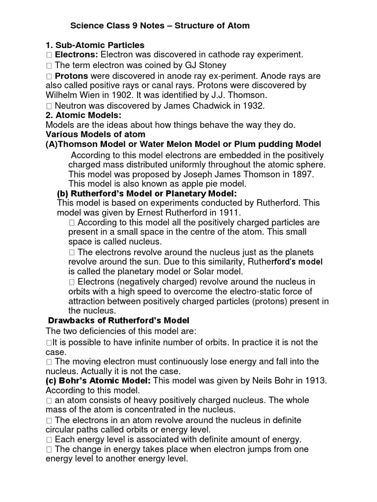 Science Class 9 Notes | PDF | Atoms | Atomic Nucleus