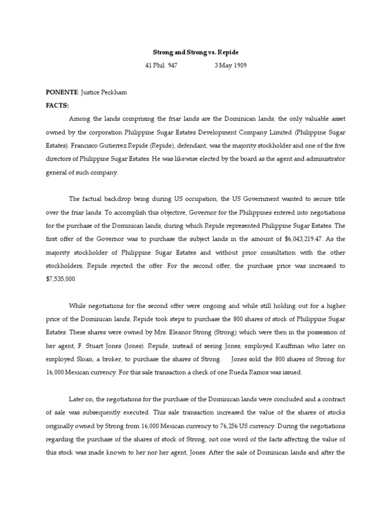 Strong Vs Repide Case Digest | PDF | Law Of Agency | Stocks