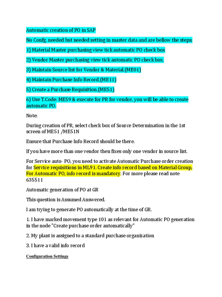 Automatic Creation of PO in SAP | PDF | Receipt | Computing