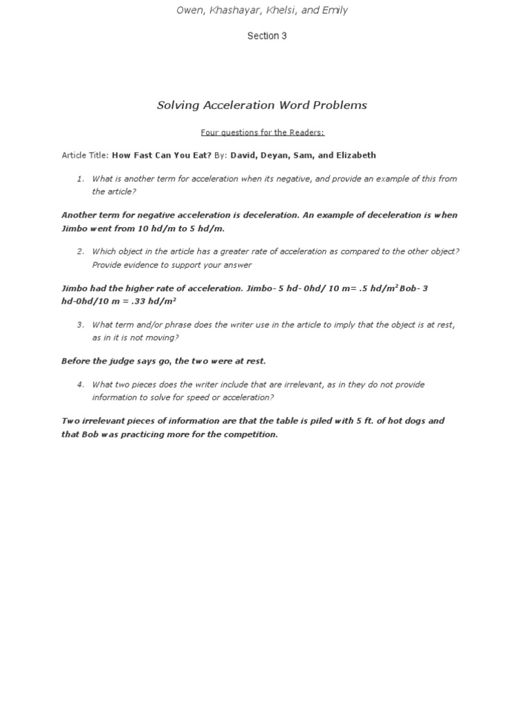 Solving Word Problems | PDF | Acceleration | Cognition