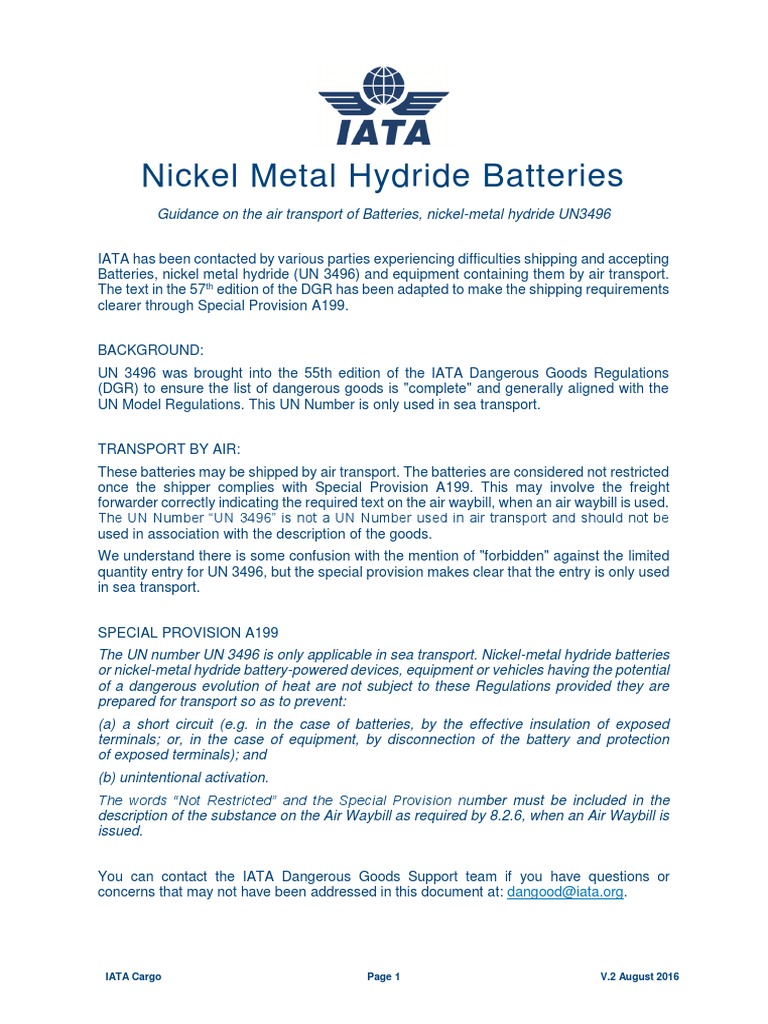 IATA Guidance Document Nickel Metal Hydride Batteries en 201608 | PDF