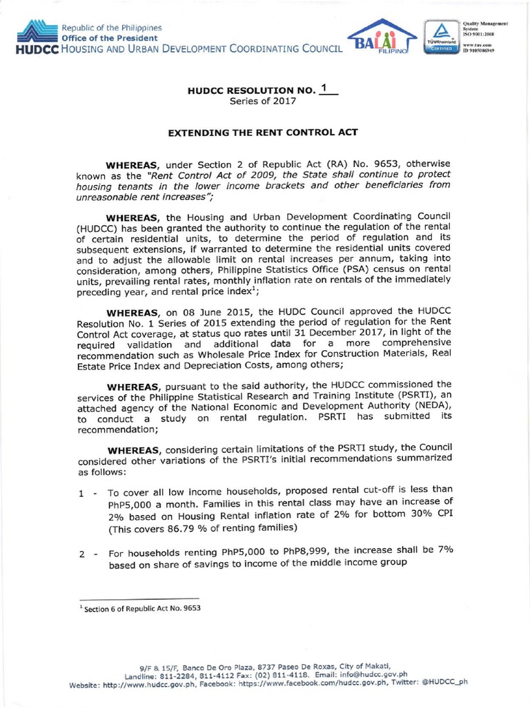 HUDCC Resolution No 1 - Extending The Rent Control Act | PDF