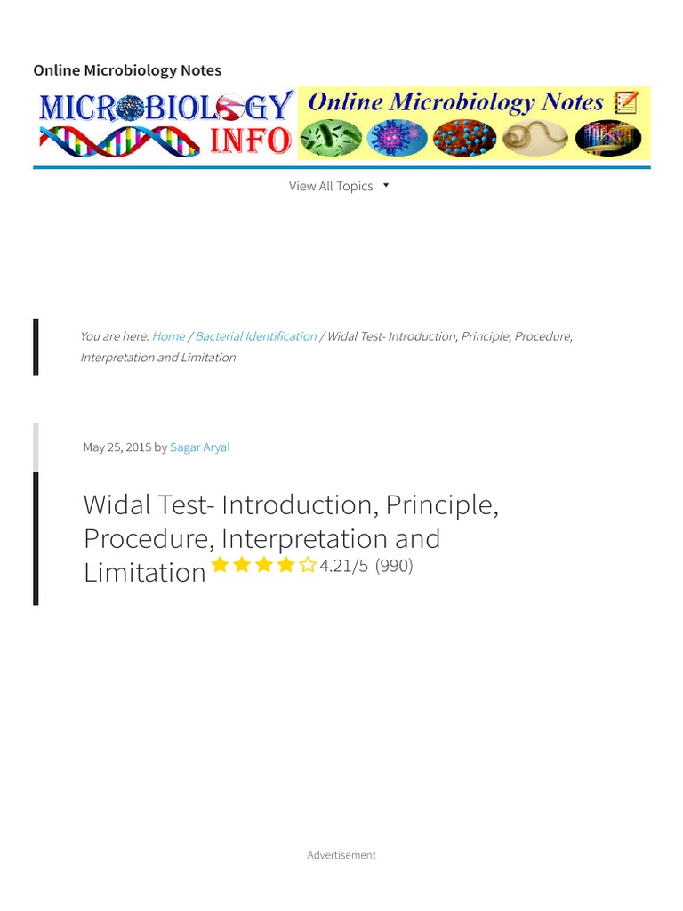 Widal Test - Introduction, Principle, Procedure, Interpretation and ...