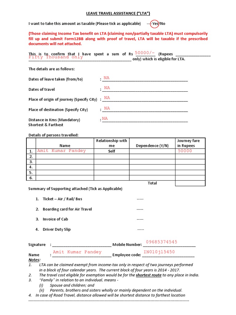 LTA Declaration Form Form 12BB | PDF | Employment | Interest
