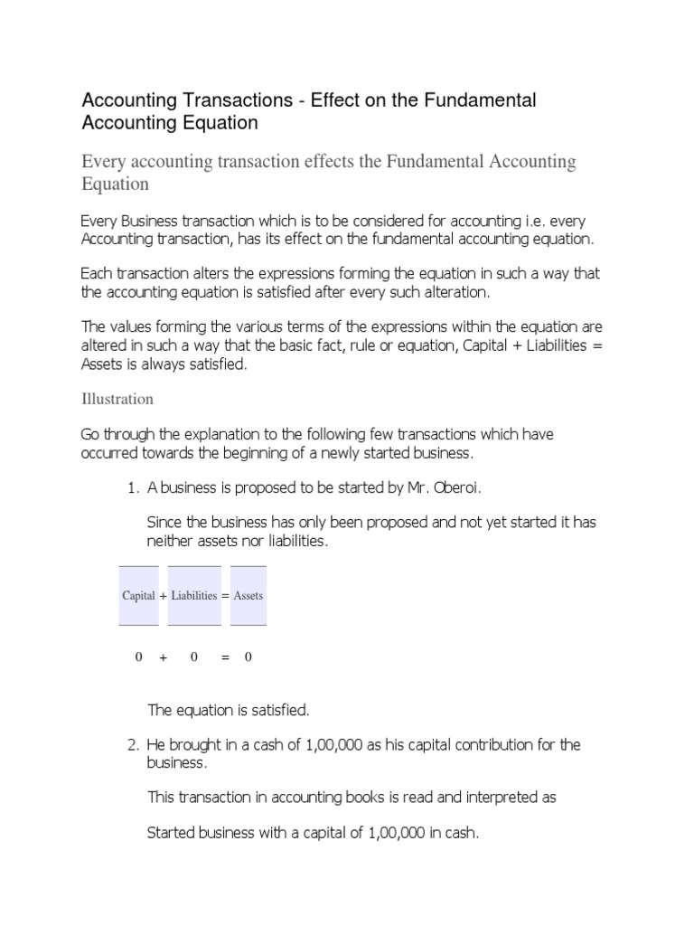 Accounting Transactions - Effect On The Fundamental Accounting Equation ...