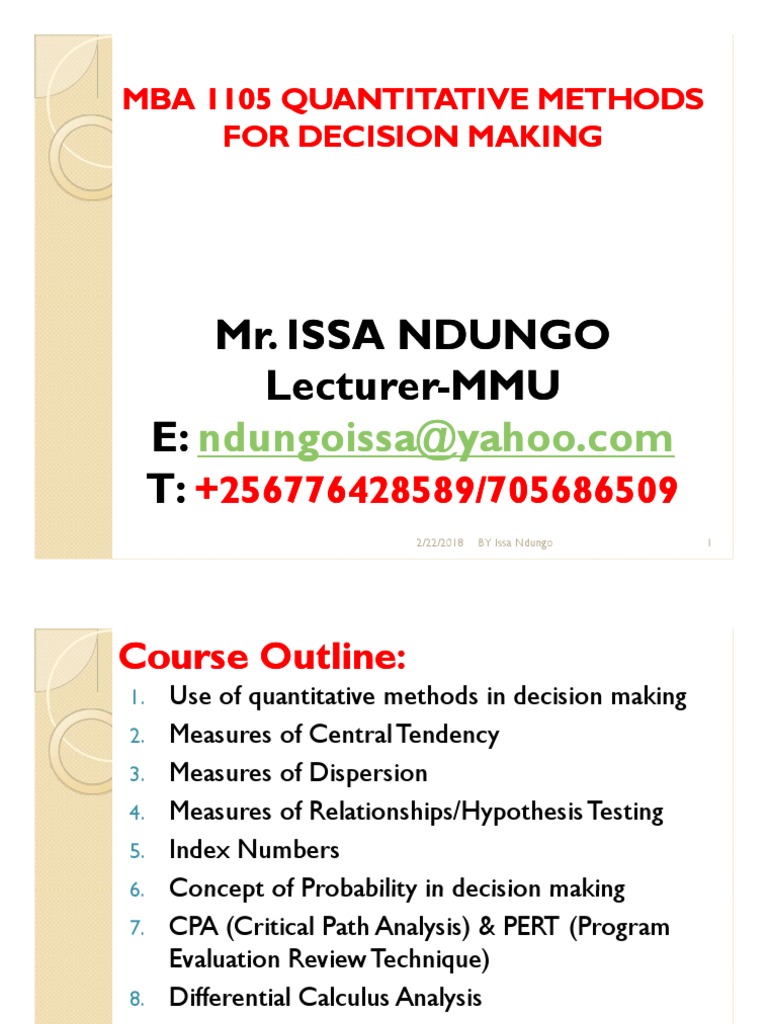 MBA Quantitative Methods Overview | PDF | Skewness | Correlation And ...