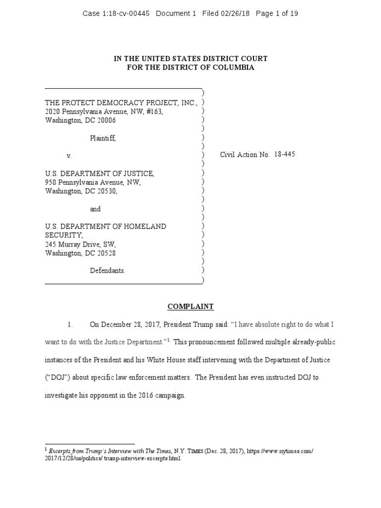 Protect Democracy FOIA Complaint Against DOJ and DHS | PDF | Freedom Of ...