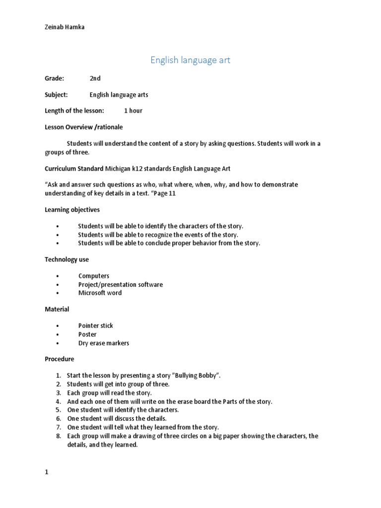 English Language Art: Grade: Subject: Length of The Lesson: 1 Hour ...