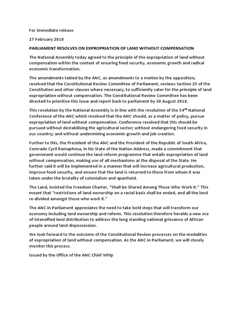 Parliament Resolves On Expropriation of Land Without Compensation | PDF ...