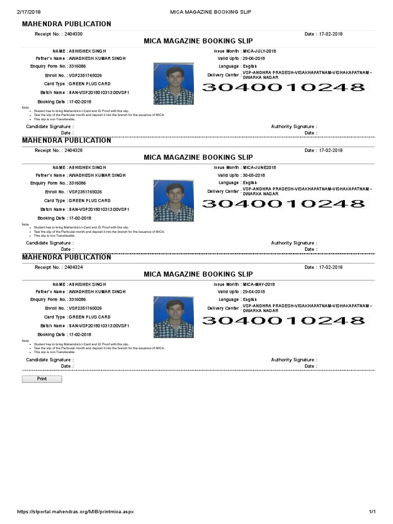 Mica Magazine Booking Slip | PDF | Applications Of Cryptography | Document