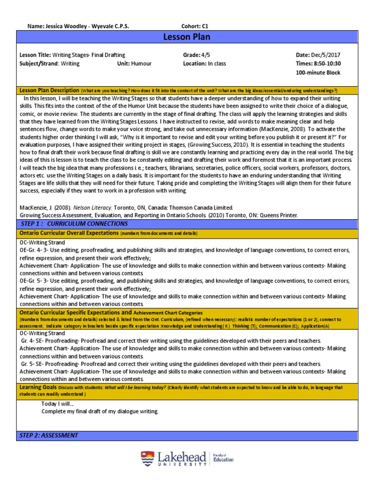 Final Drafting Lesson Plan for Writing | PDF | Educational Assessment ...