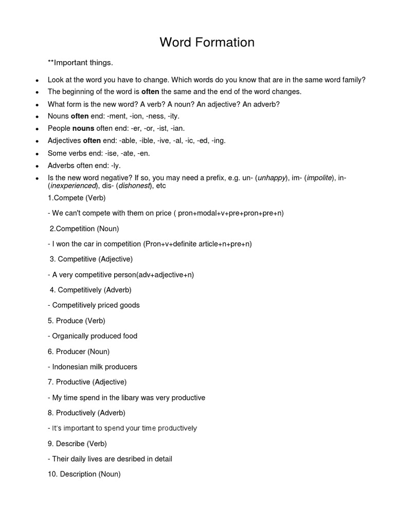 Word Formation: Important Things | PDF | Adverb | Verb