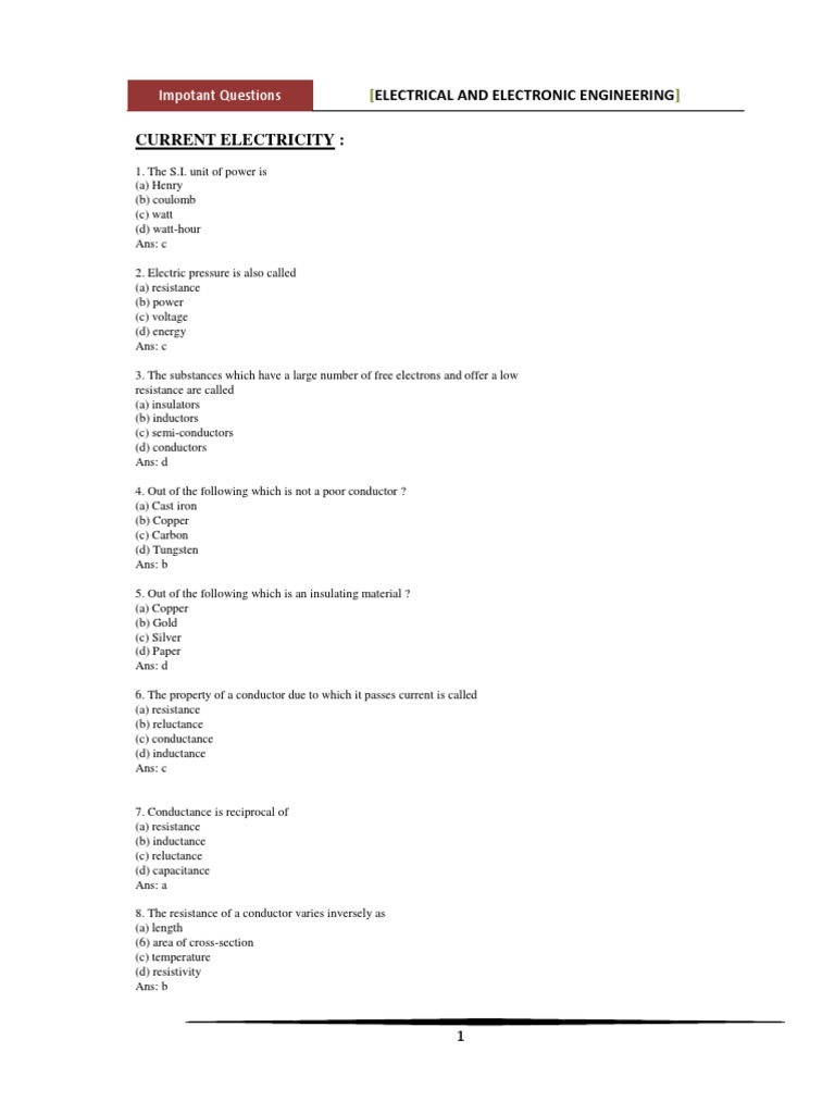 Essential Electrical Engineering MCQs | PDF | Capacitor | Electrical ...