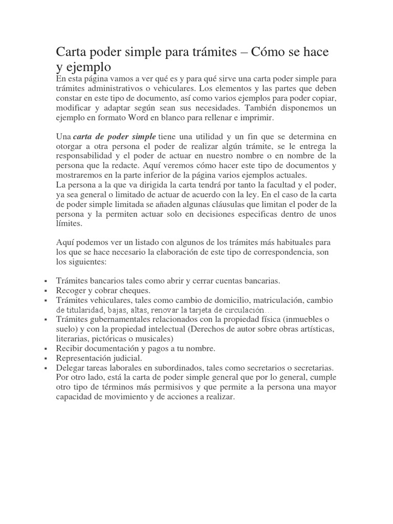 Ejemplo de carta poder simple para trámites | PDF | Derechos de autor ...