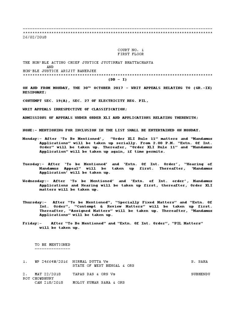 Calcutta High Court Cause List | PDF | Judiciaries