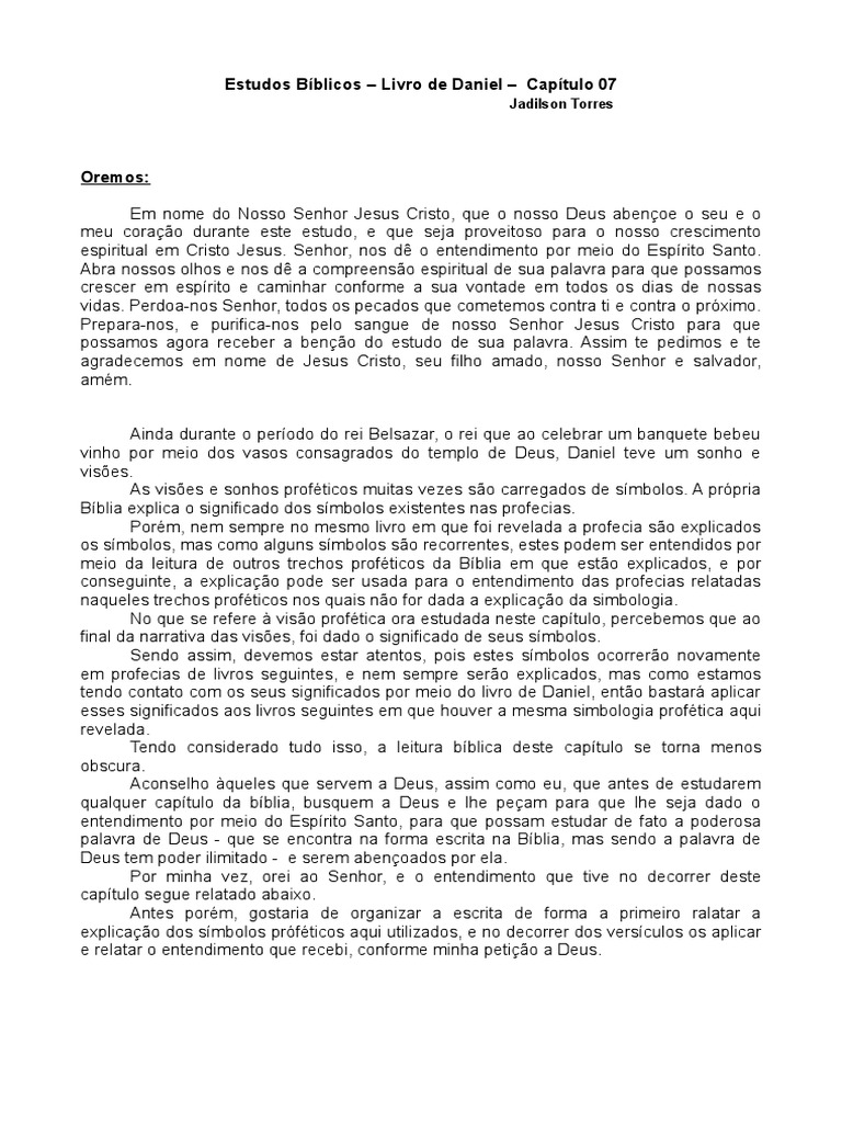 Estudo Bíblico: Daniel Capítulo 7 | PDF | Profecia | Daniel (personagem Bíblica)