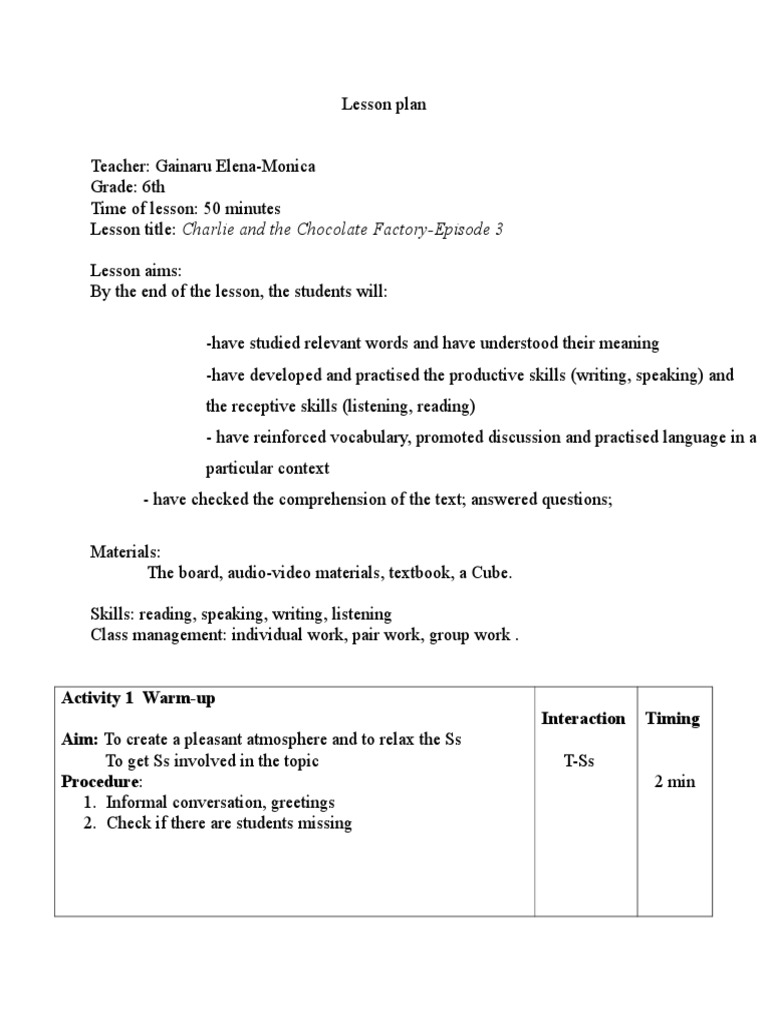 Lesson Plan-charlie and the Chocolate Factory | Lesson Plan | Reading ...