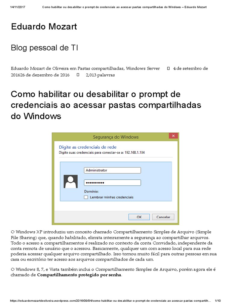Como Habilitar Ou Desabilitar O Prompt De Credenciais Ao Acessar Pastas