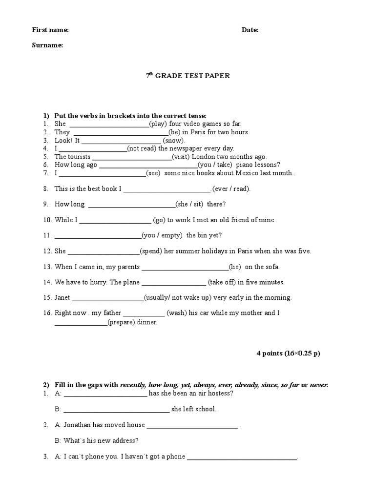 7th Grade Test Paper 2018 Tenses | PDF | Syntax | Grammar