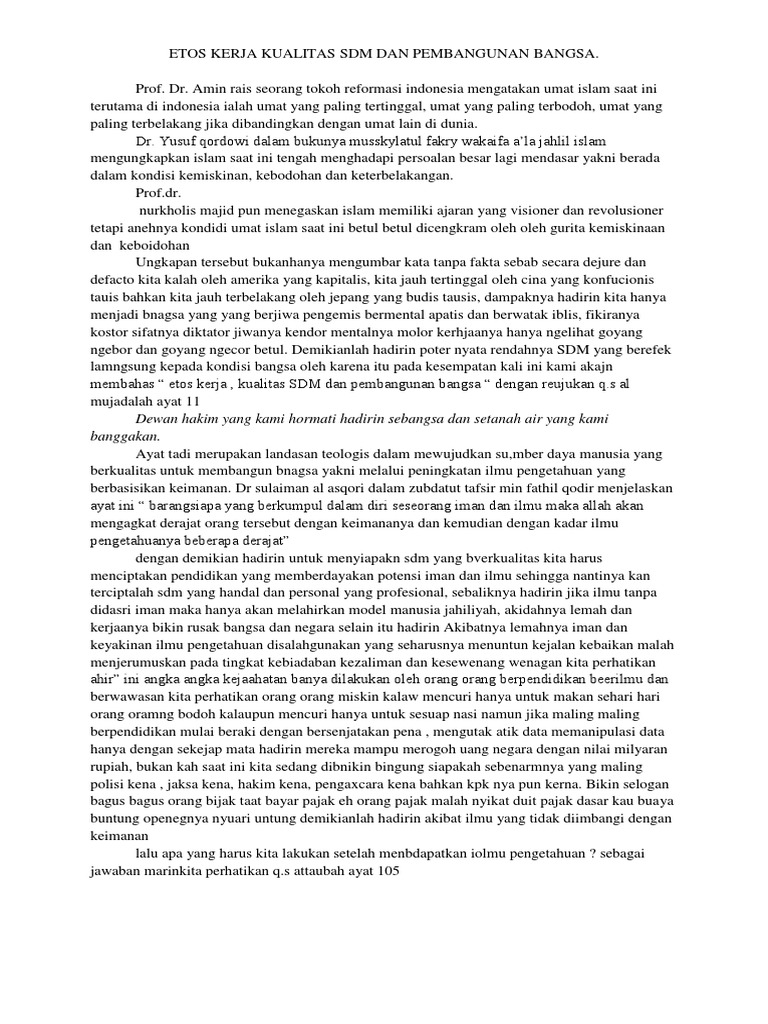 Etos Kerja Kualitas SDM Dan Pembangunan Bangsa | PDF