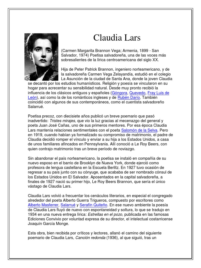 Biografia Claudia Lars | Literatura en español | Personas
