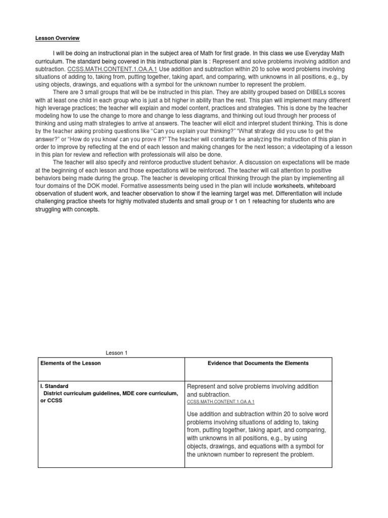 Ccss - Math.Content.1.Oa.A.1: Lesson Overview | PDF | Teaching ...
