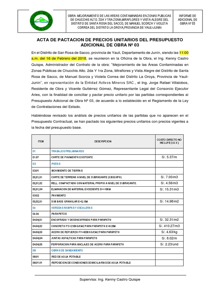 Acta de Pactacion de Precios Unitarios Del Presupuesto Adicional de Obra #03 | PDF | Presupuesto ...