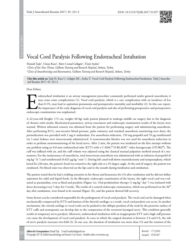 Vocal Cord Paralysis Following Endotracheal Intubation | PDF ...