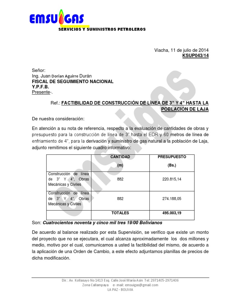 Carta A Ypfb Por Laja | Descargar gratis PDF | Industrias | Ingeniería