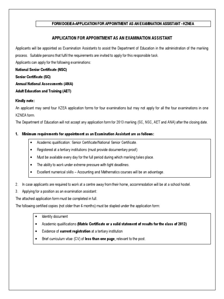 Application Form: KZN DoE Temp Exam Assistants | Test (Assessment ...