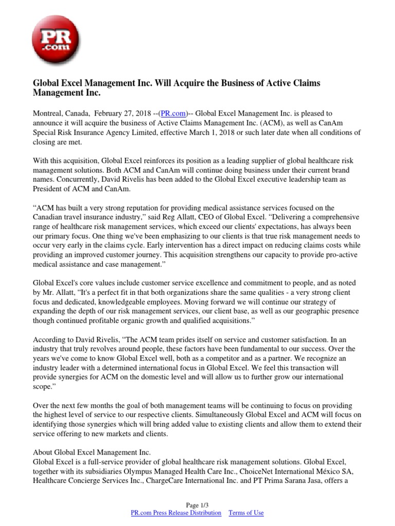 Global Excel Acquires Active Claims Management | PDF | Risk Management ...