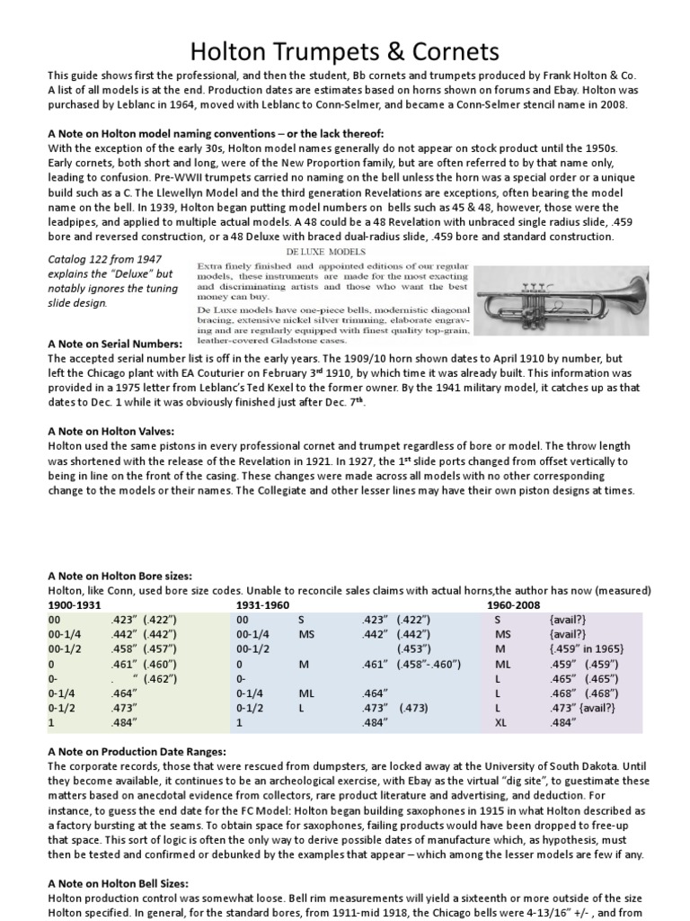 Holton Trumpets & Cornets Guide | PDF | Brass Instruments | Trumpet