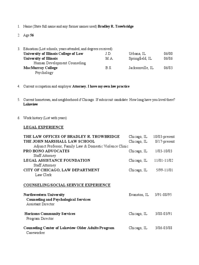 Bradley R. Trowbridge: Judge Candidate Profile | PDF | Lawsuit | Lawyer