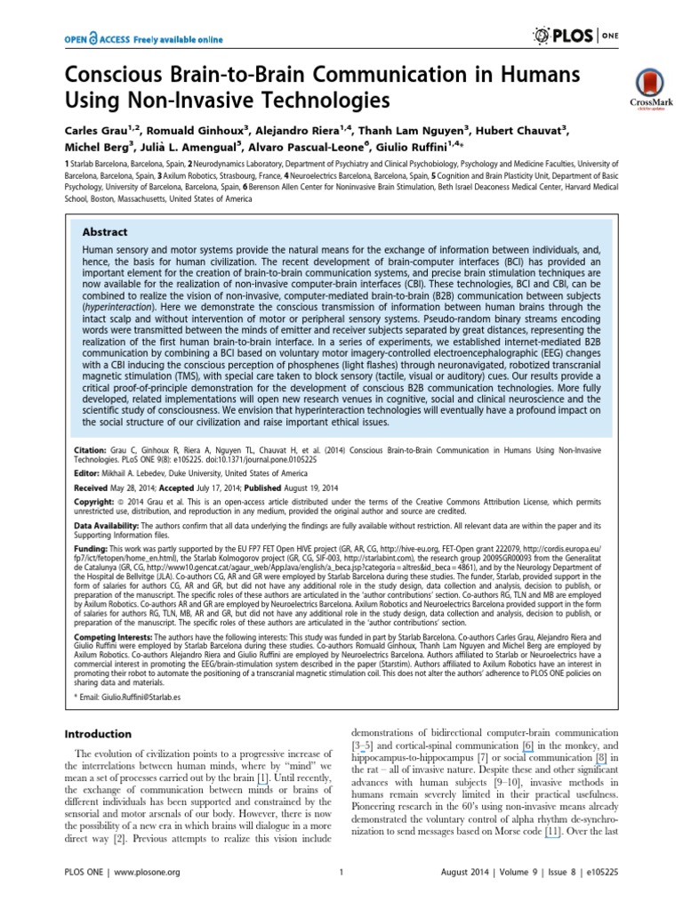 VVAA - Conscious Brain-to-Brain Communication in Humans Using Non-Invasive Technologies | PDF ...