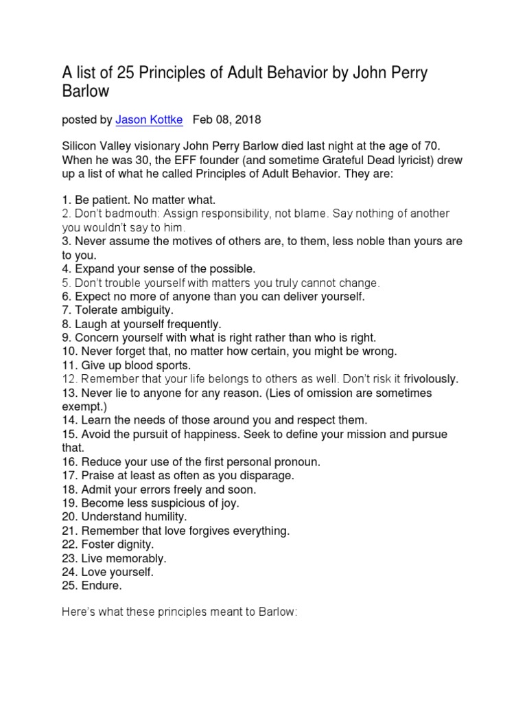 A List of 25 Principles of Adult Behavior by John Perry Barlow | PDF ...