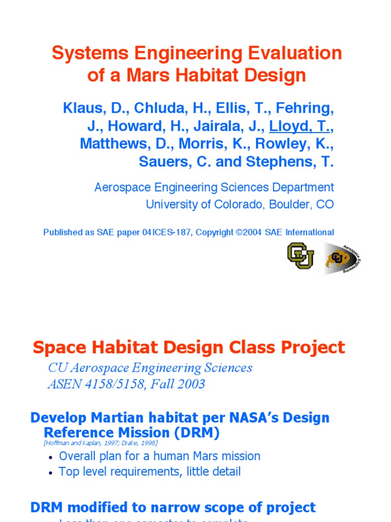 Systems Engineering Evaluation of A Mars Habitat Design | PDF ...