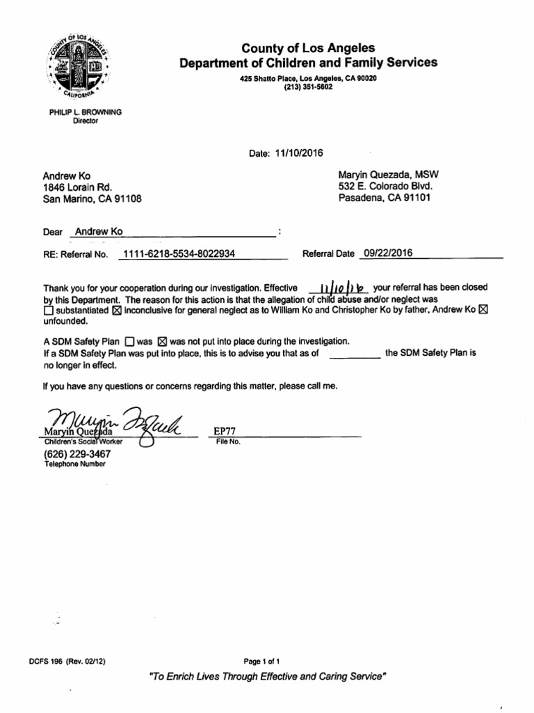 Chris Ko and William Ko DCFS Letters Issued Nov2016 | PDF