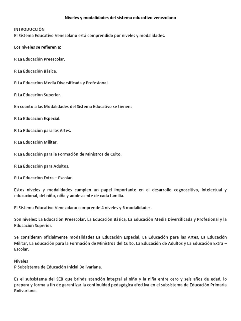 Niveles y modalidades en educación venezolana | PDF | Jardín de ...