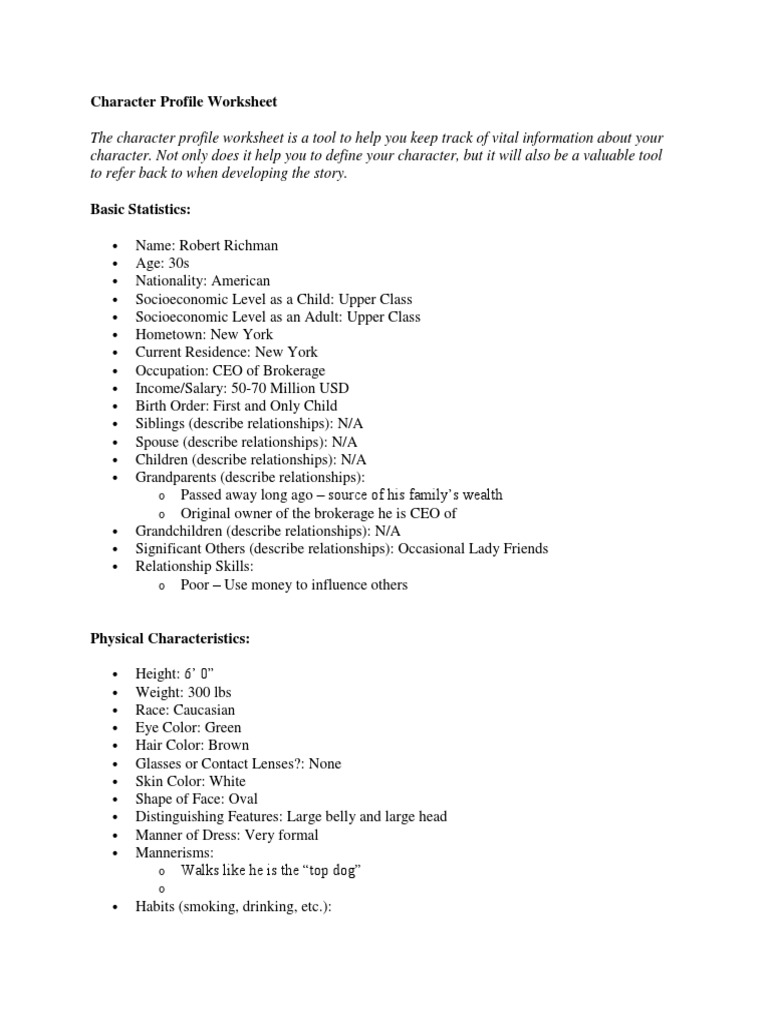Character Profile Worksheet | PDF | Hero | Extraversion And Introversion