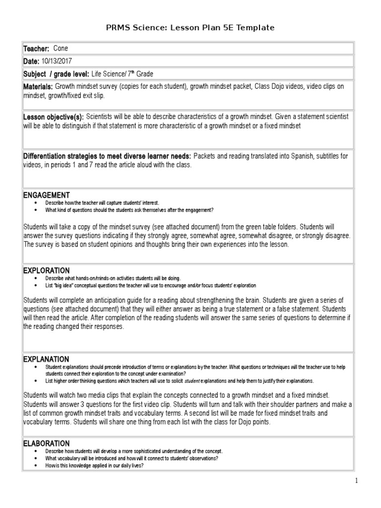Growth Mindset Lesson Plan 7th Grade | PDF | Mindset | Brain