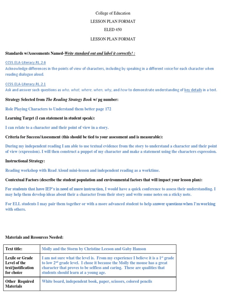 College of Education Lesson Plan Format ELED 450 Lesson Plan Format ...