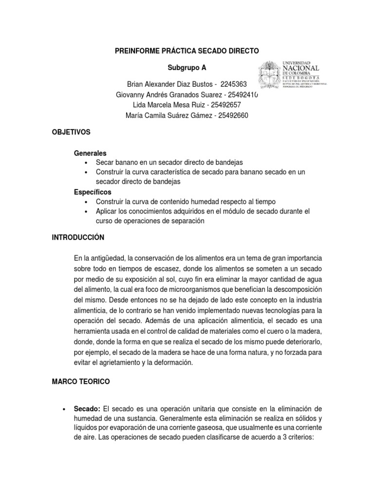 Preinforme Práctica Secado Directo | PDF | Humedad | Temperatura