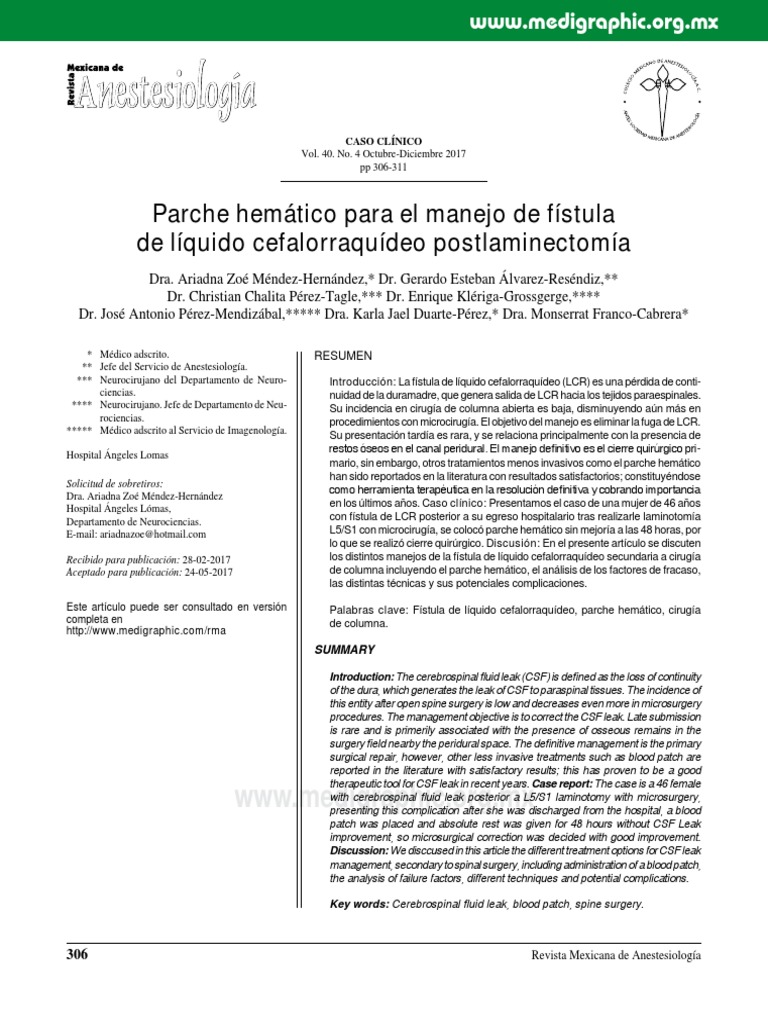 Parche Hemático para El Manejo de Fístula de LCR Post Laminectomia ...