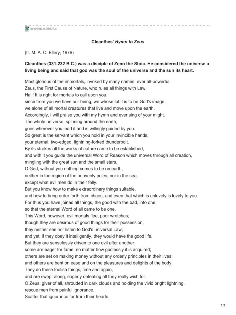 Cleanthes of Assos - Hymn To Zeus | PDF | Religious Belief And Doctrine ...
