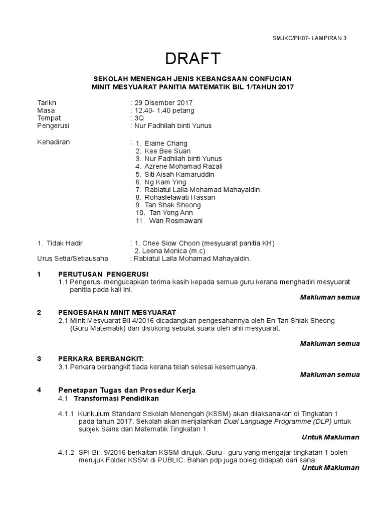 4 PK 07 - Lampiran 3 Format Draft Minit Mesyuarat | PDF