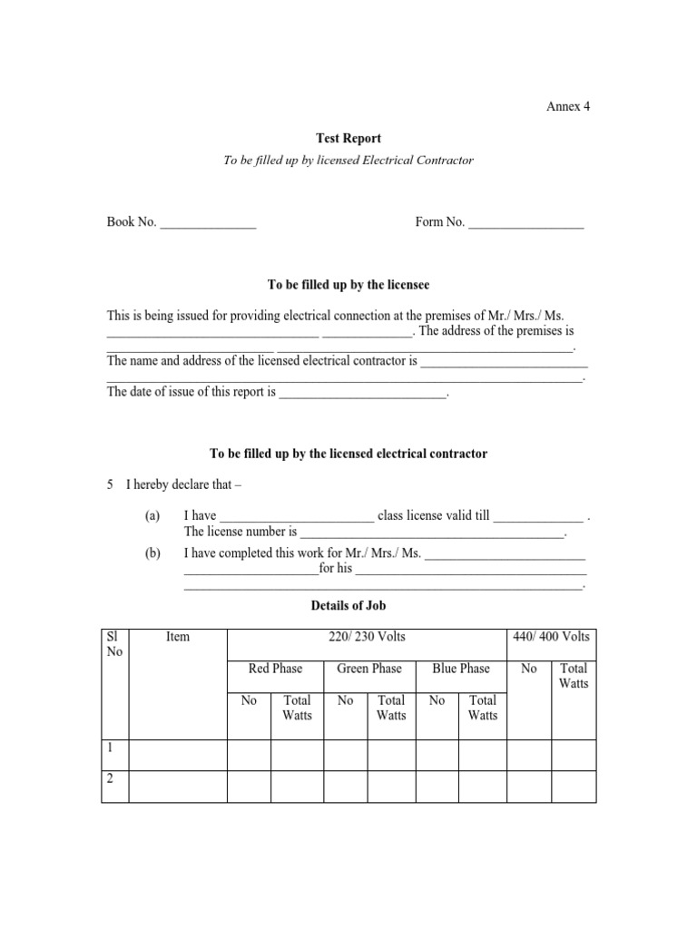 Test Report: To Be Filled Up by Licensed Electrical Contractor | PDF ...